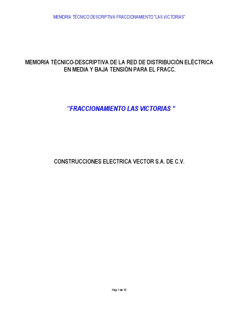 Memoria - Tecnico Descriptiva Fracc Las Victorias | PDF | Transformador | Conductor electrico