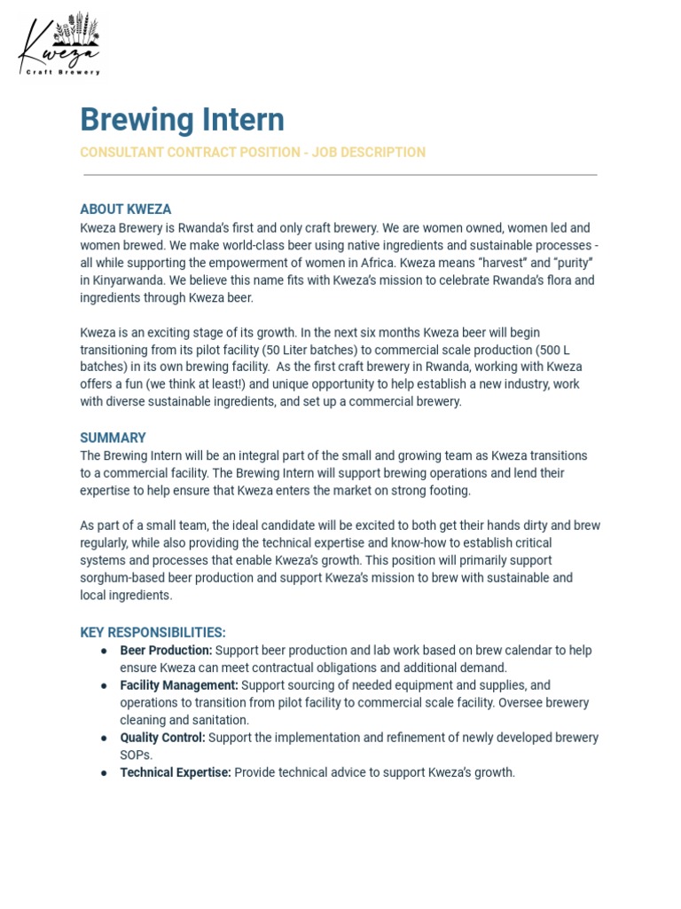 Brewing Intern JD - May 2022 | PDF | Brewery | Rwanda