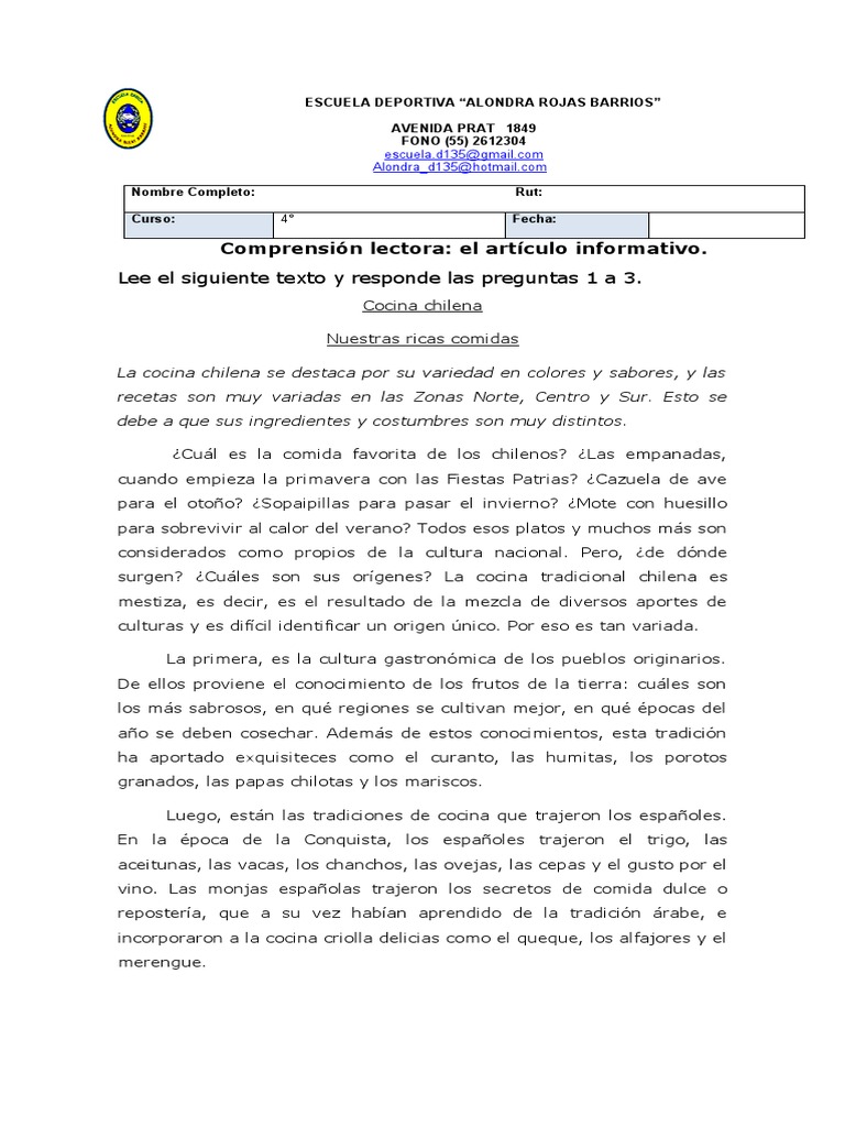 Artículo Informativo, Clase N° 5, 4 Básico | PDF | Alimentos | Cocina
