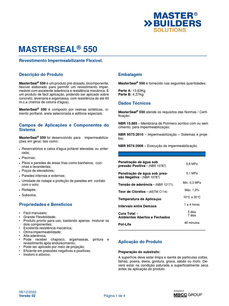 Ficha Tecnica MasterSeal 550 V2 081222 | PDF | Argamassa (alvenaria ...