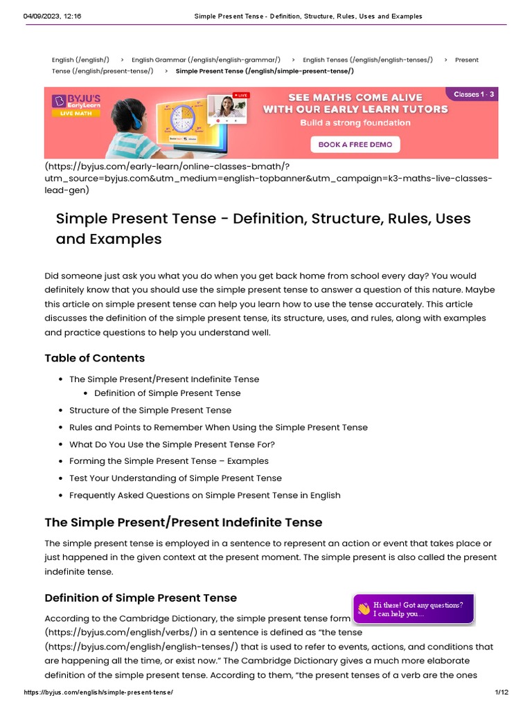 Simple Present Tense - Definition, Structure, Rules, Uses and Examples | PDF | Grammatical Tense ...