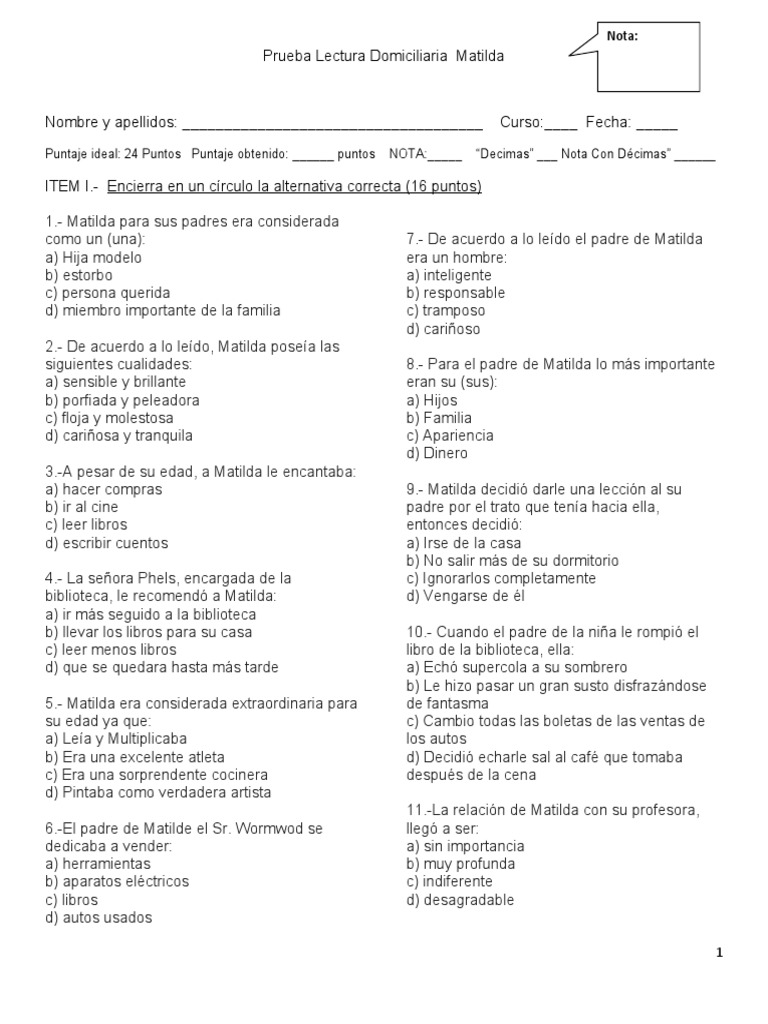 Prueba-Libro-Matilda 5 Basico | PDF