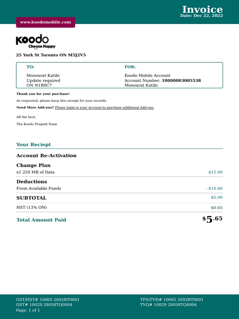 Dec 22, 2022 Koodo PaymentReceipt | PDF