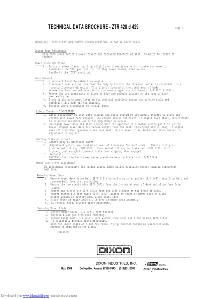 Dixon ZTR 428-429 Technical Data | PDF Dixon ZTR 428-429 Technical Data | PDF