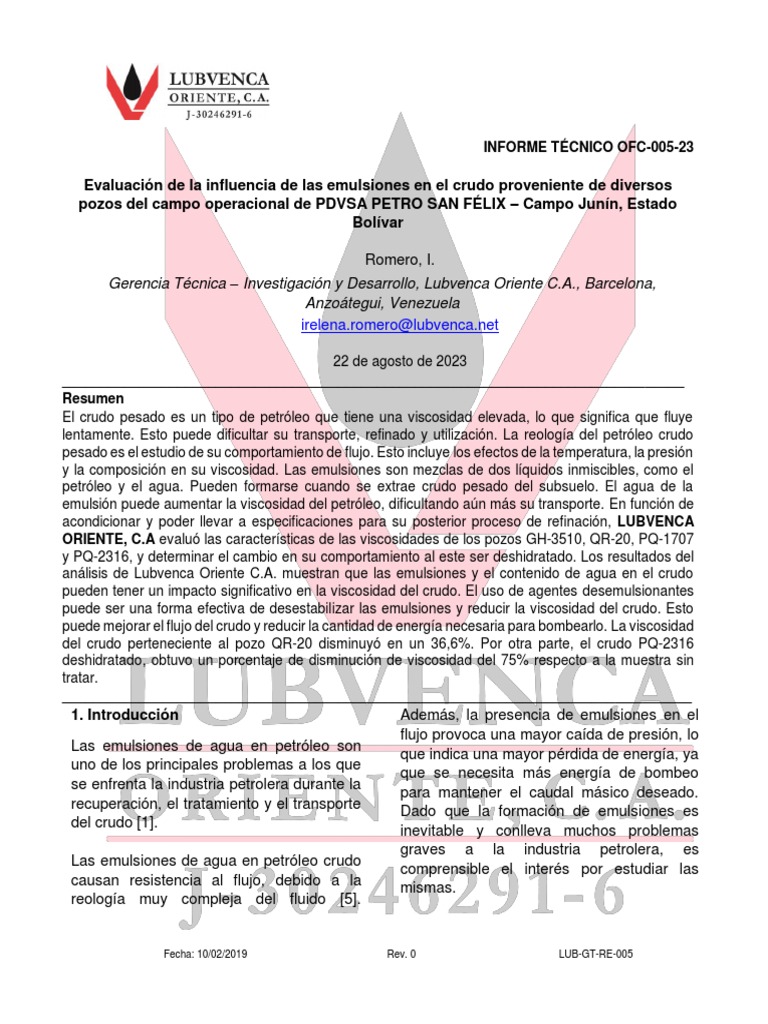 Ofc-001-23 Informe Crudo Petro San Félix | PDF | Viscosidad | Petróleo Ofc-001-23 Informe Crudo Petro San Félix | PDF | Viscosidad | Petróleo
