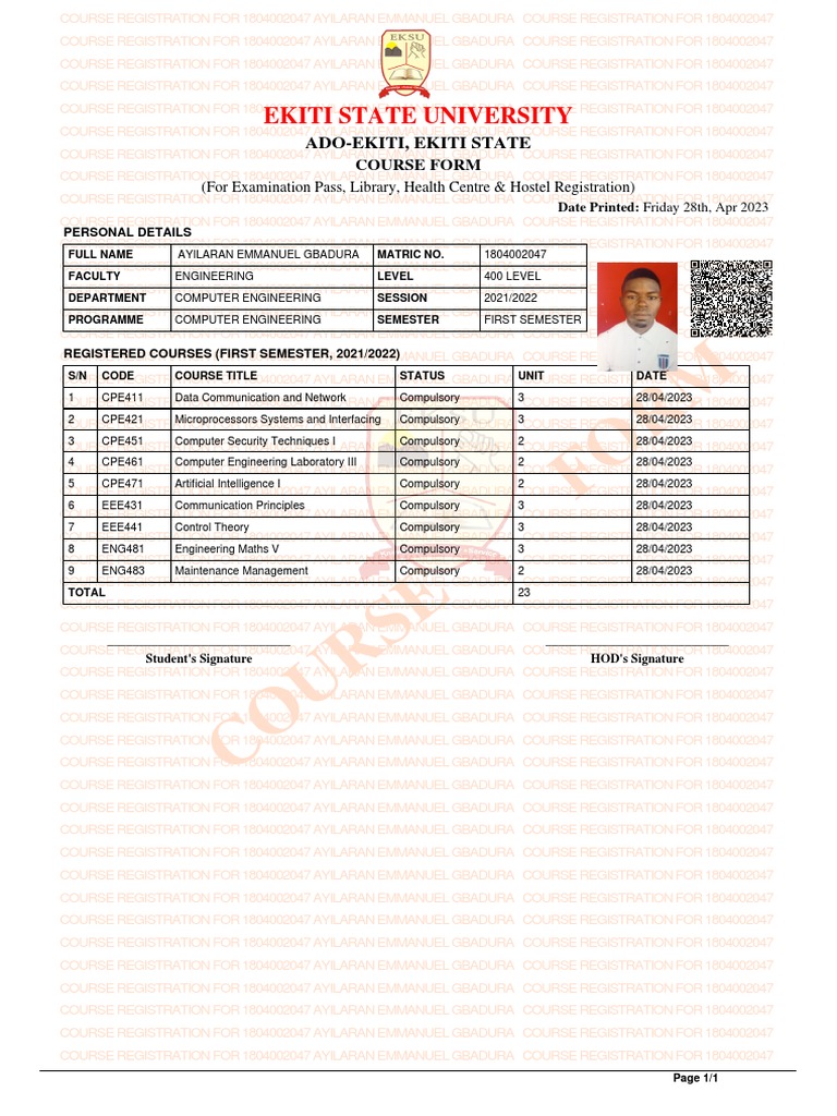 400L 1st Semester Course Form | PDF | Information Technology | Computer ...