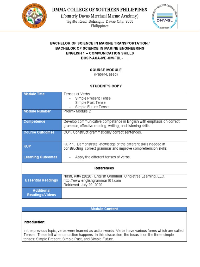 Prelim Module 2 Tenses of The Verbs | PDF