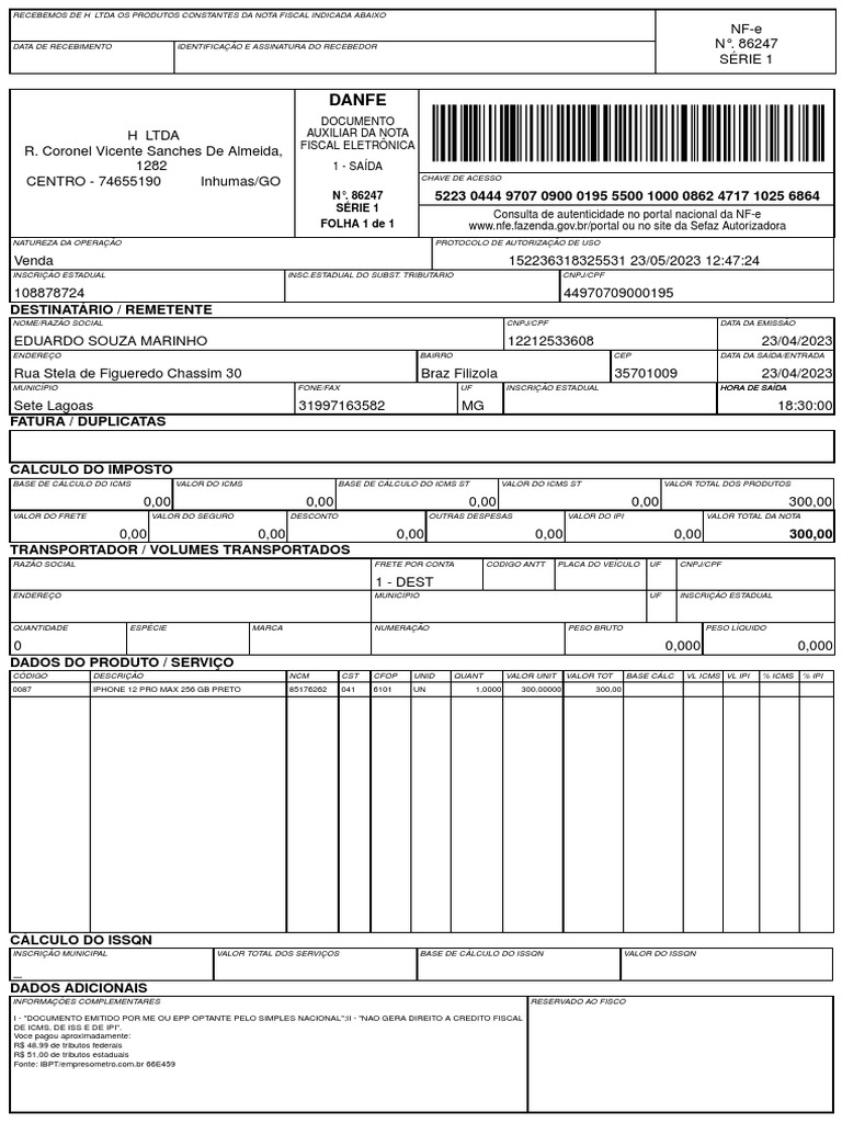 Danfe: Documento Auxiliar Da Nota Fiscal Eletrônica 1 - Saída | PDF | Recibo | Indústrias de ...