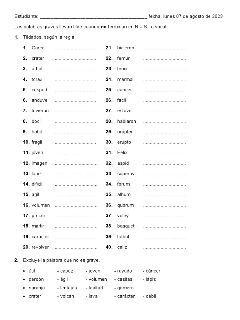 Palabras Graves para Cuarto de Primaria | PDF | Hogar, jardinería y ...