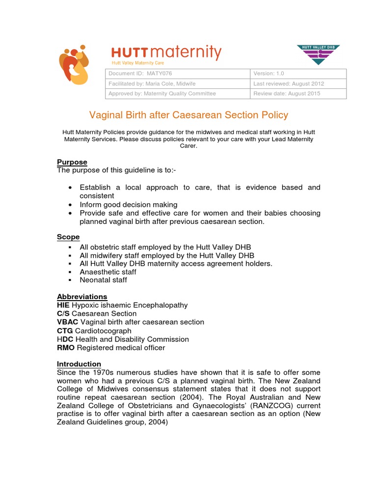 Vaginal Birth After Caesarean Section | PDF | Childbirth | Caesarean ...