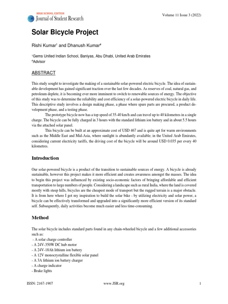 Solar Bicycle Project | PDF | Technology & Engineering