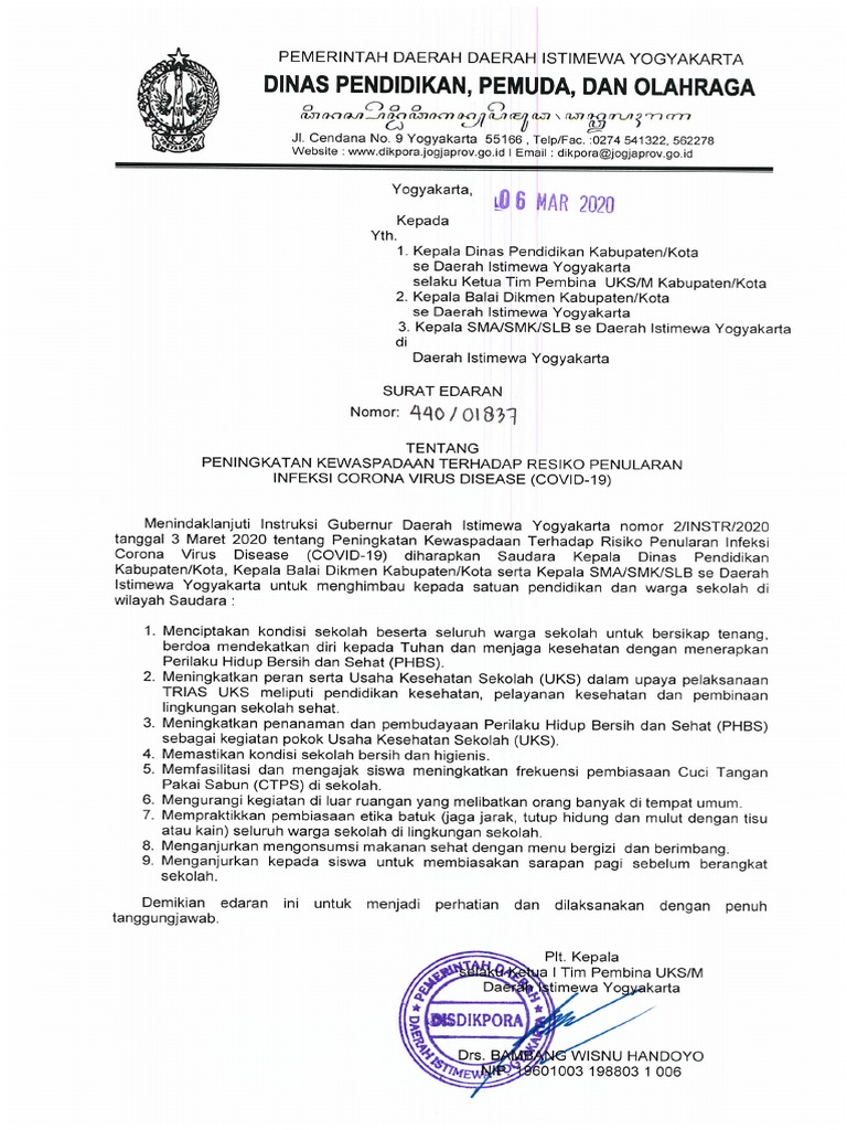 Surat Edaran DIY Peningkatan Kewaspadaan Terhadap Resiko Virus Corona | PDF