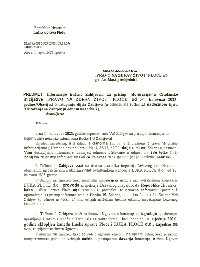 Odgovor Lučke Uprave Ploče Ani Musi | PDF