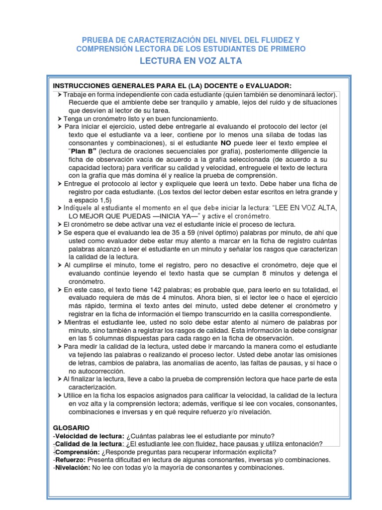 Prueba de Caracterización Del Nivel Del Fluidez y Comprensión Lectora ...