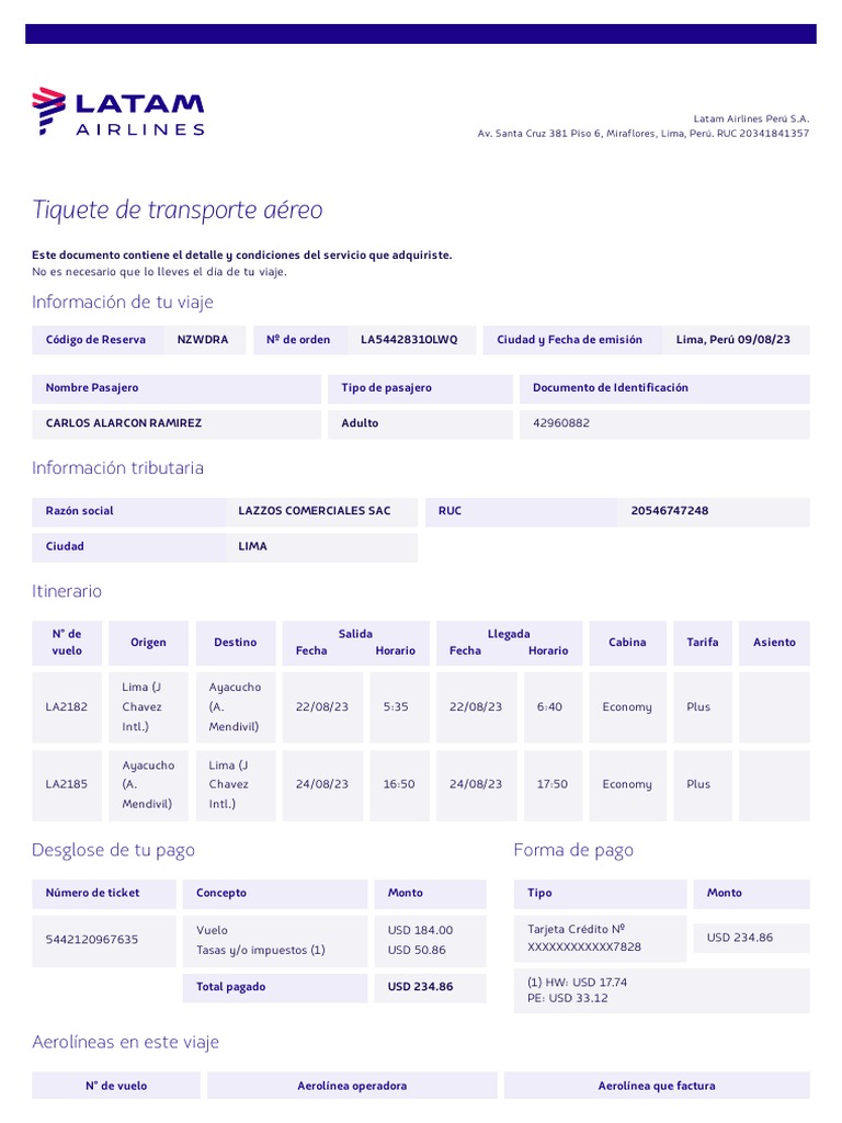Tiquete de Transporte Aéreo LATAM | PDF