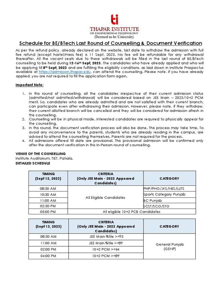 BE/BTech Counselling Schedule | PDF | Engineering