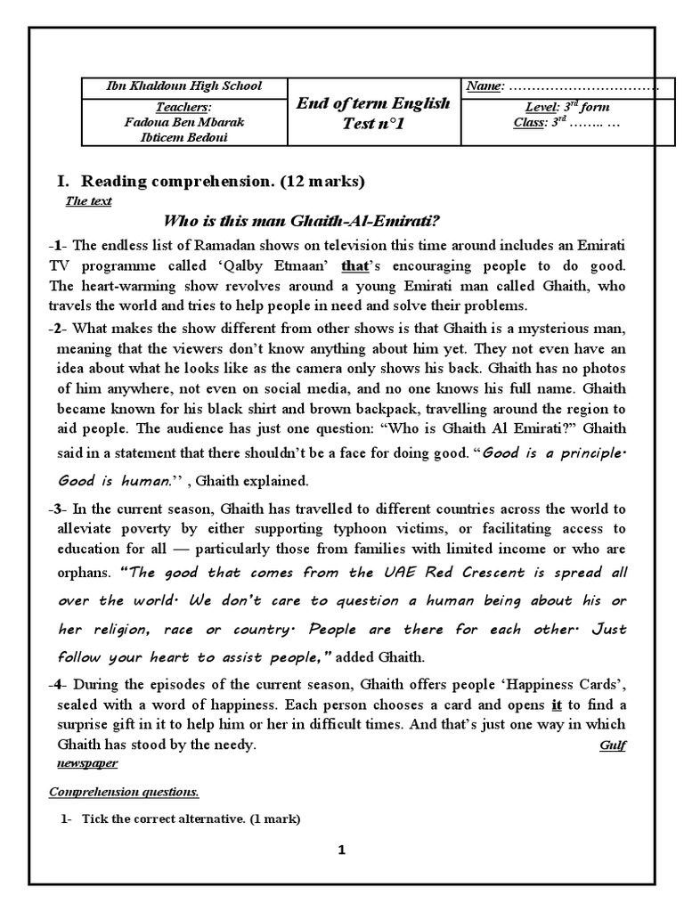 End of Term English Test N°1: I. Reading Comprehension. (12 Marks ...