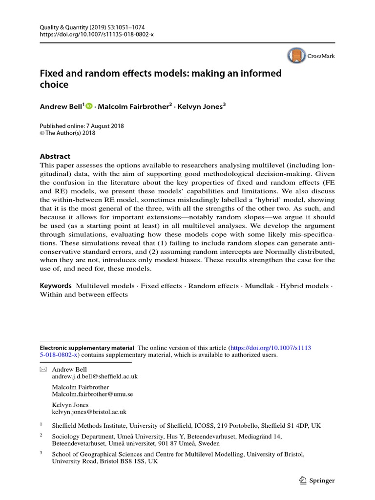 Fixed and Random Effects Models: Making An Informed Choice: Andrew Bell Malcolm Fairbrother ...