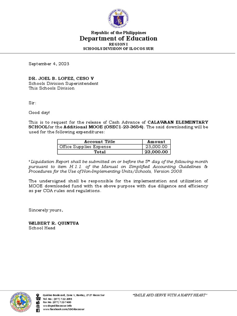 Request for Additional MOOE Funds | PDF
