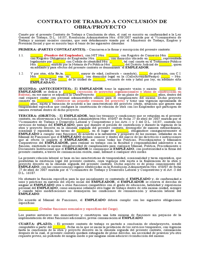 Modelo de Contrato Laboral Por Obra o Temporada | PDF | Derecho laboral ...