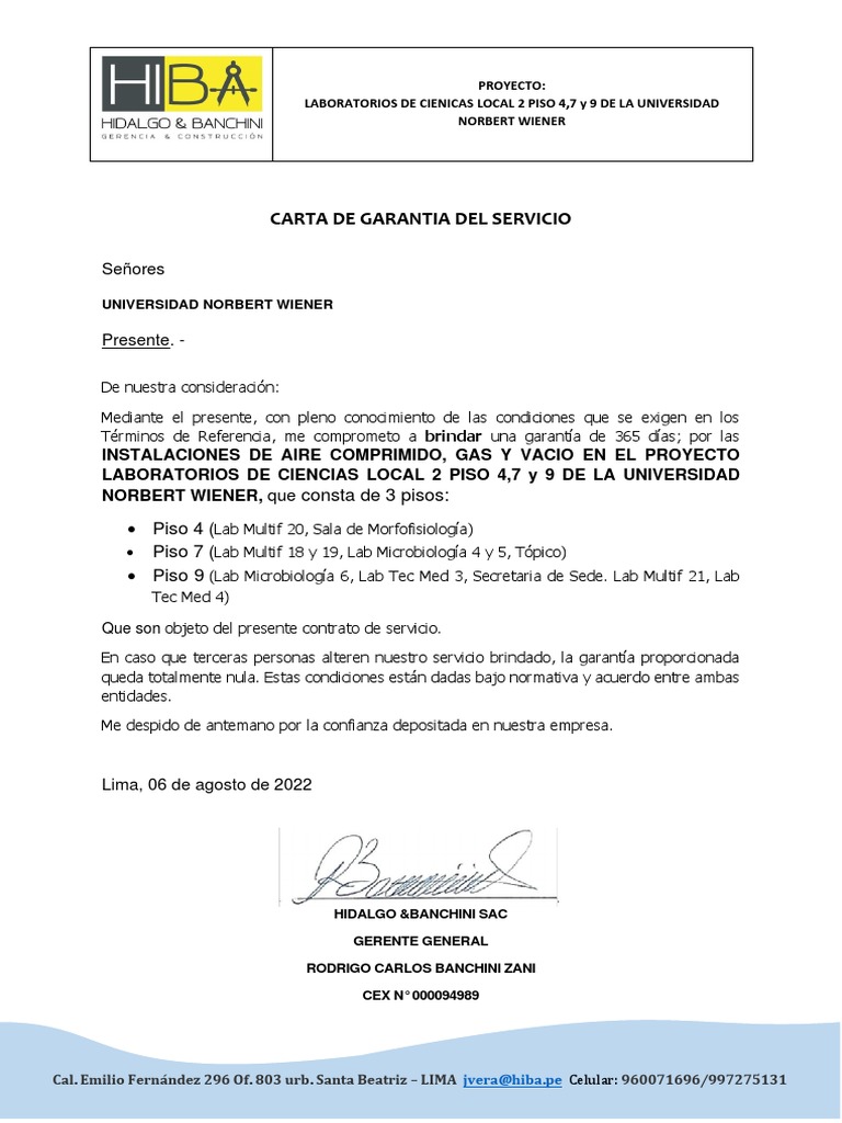 Carta de Garantia Del Servicio de Instalaciones de Gas, Aire Comprimido ...