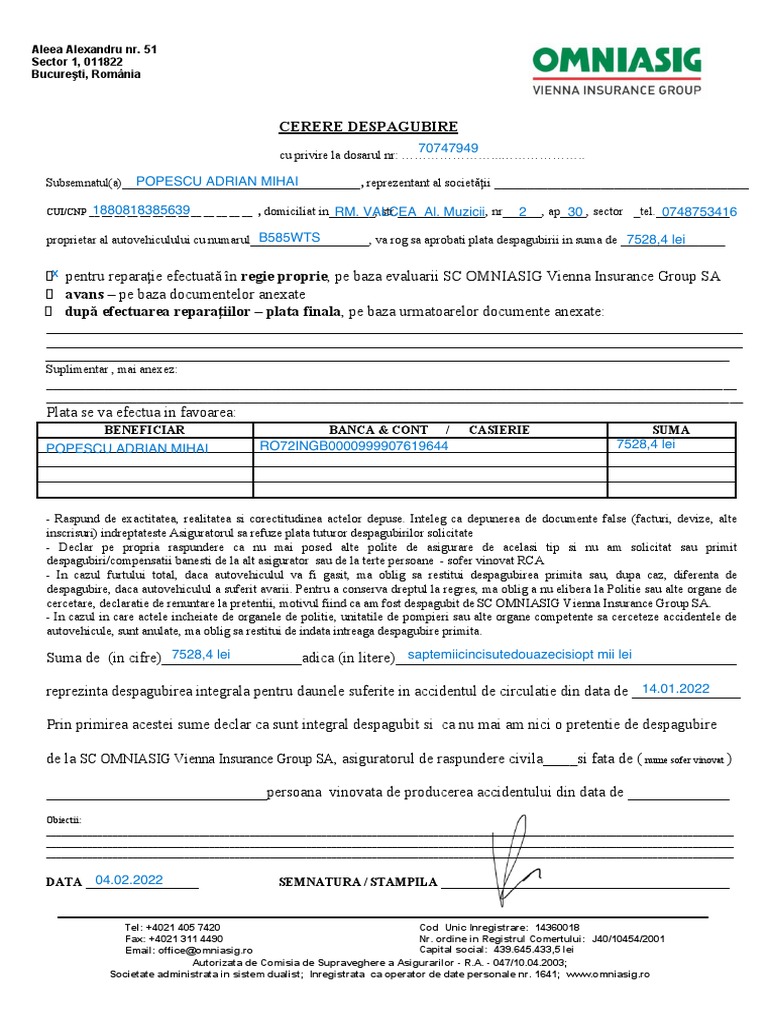 Cerere Despagubire Omniasig | PDF