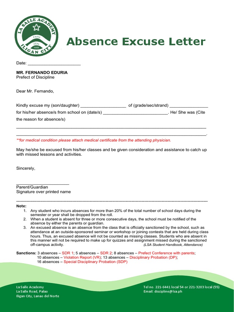 School Absence Excuse Letter Template | PDF