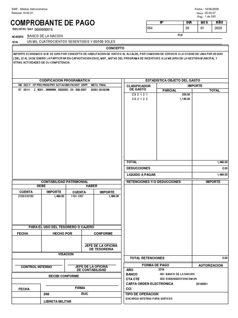 Comprobante de Pago: 2020 01 20 054 0000000015 Banco de La Nacion Un Mil Cuatrocientos ...