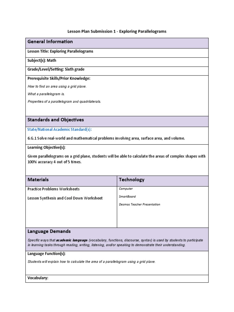 Lesson Plan 1 - Exploring Parallelograms | PDF | Area | Lesson Plan