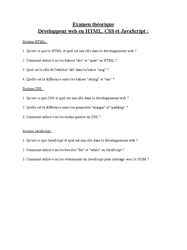 Examen Théorique DEV | PDF | Html | Langage de balisage