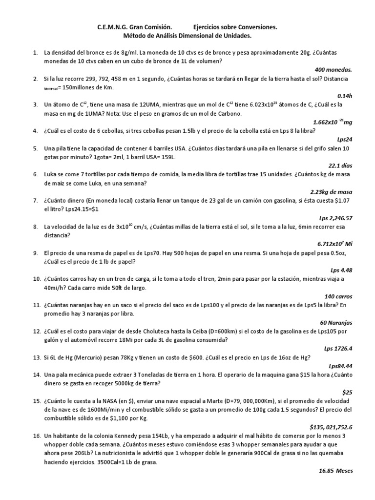 Ejercicios Conversiones Metodo Analisis Dimensional de Unidades. | PDF