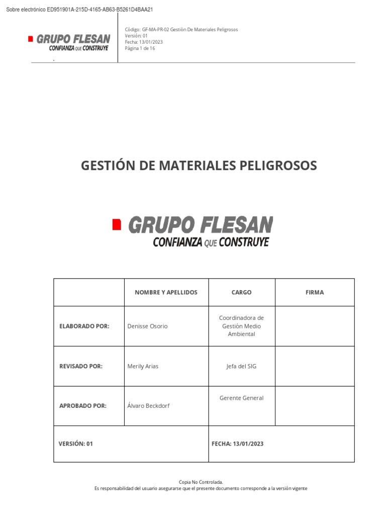 GF-MA-PR-02 Gestion de Materiales Peligrosos Ver.01.pdf-Firmado | PDF ...