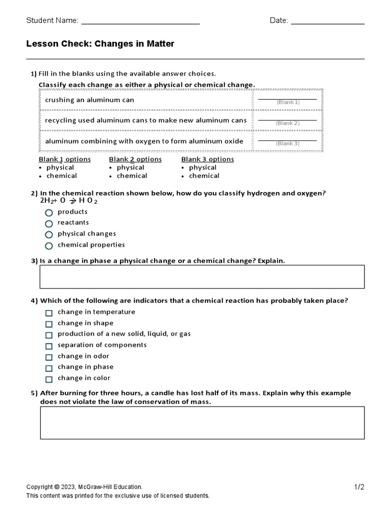Lesson Check - Changes in Matter | PDF | Science & Mathematics