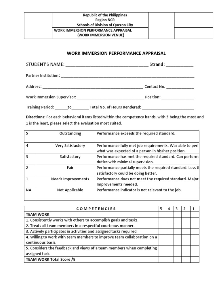 Work Immersion Performance Appraisal 3 | PDF | Performance Appraisal | Judgment (Law)