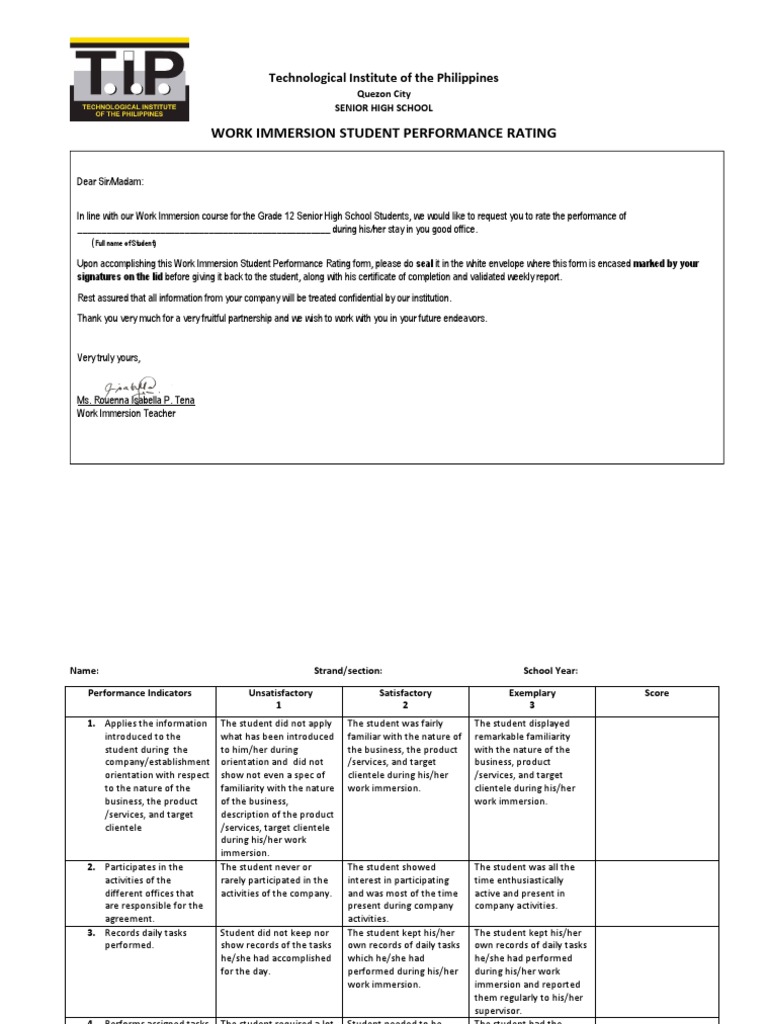Work Immersion Student Performance Rating: Technological Institute of The Philippines | PDF
