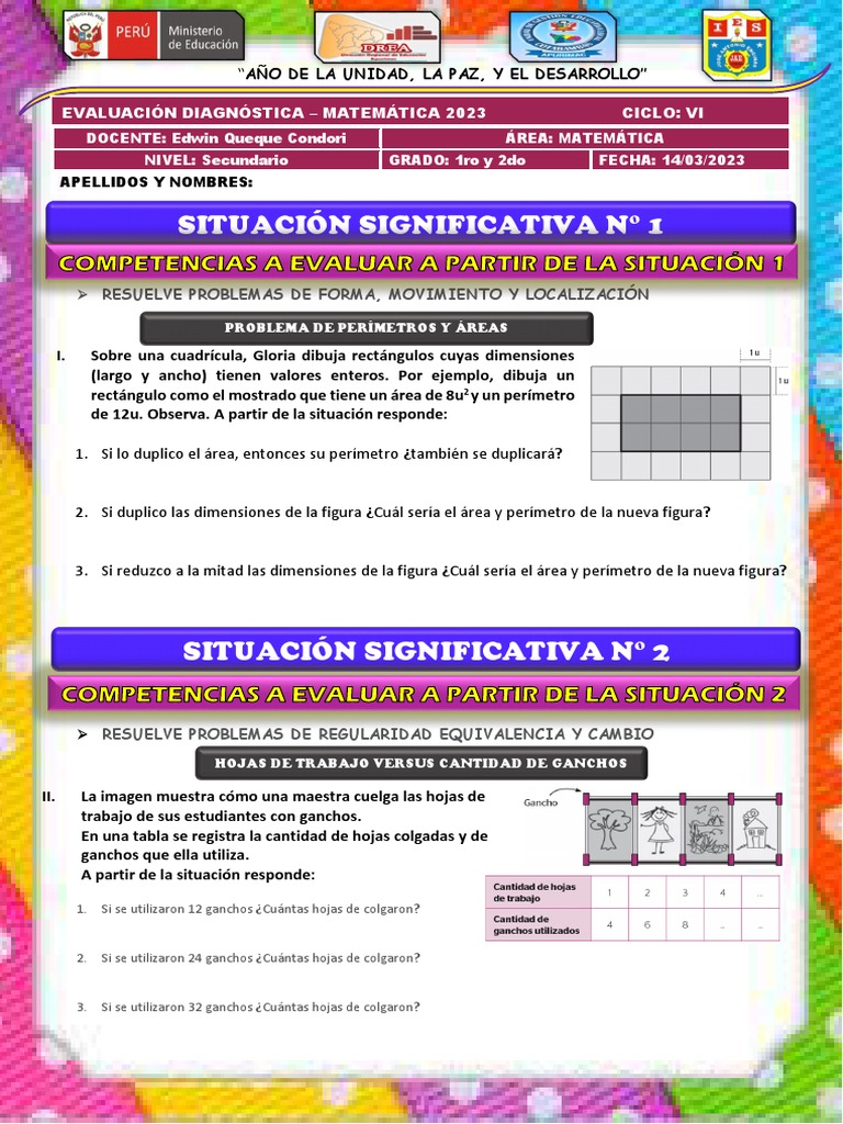 MATEMATICA 1ro y 2do EVA DIAGNOSTICA | PDF