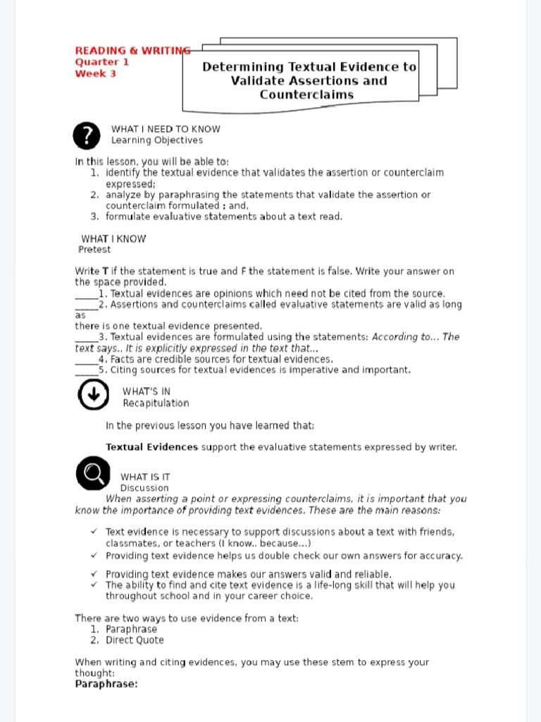 Reading and Writing Determining Textual Evidences | PDF