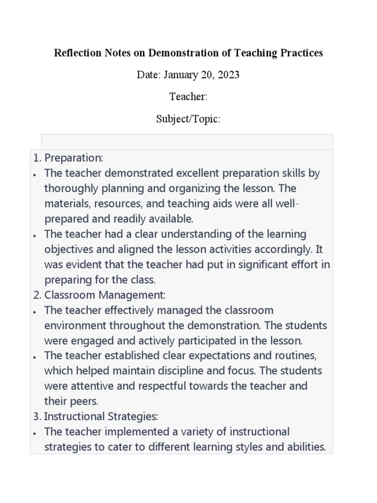 Reflection Notes On Demonstration of Teaching Practices | PDF ...
