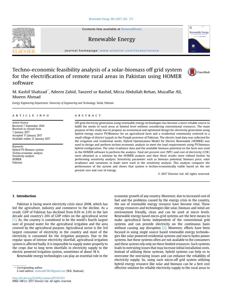 Techno-Economic Feasibility Analysis of A Solar-Biomass Off Grid System Using Homer Software ...