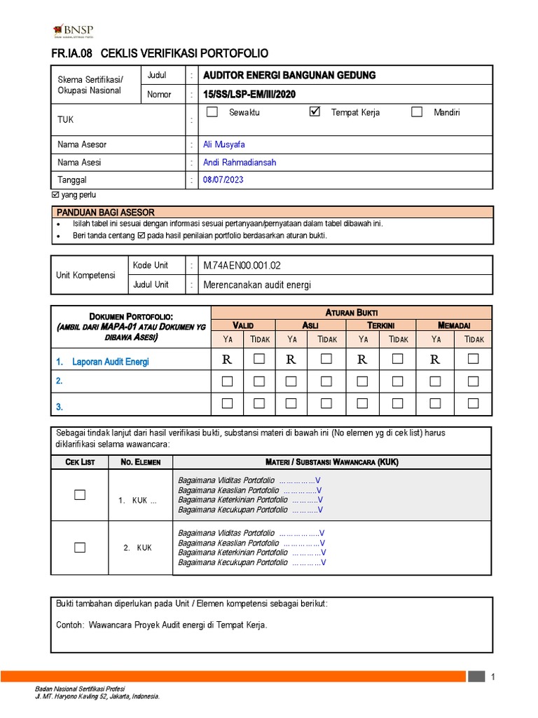 10 - FR - Ia.08 Ceklis Verifikasi Portofolio | PDF
