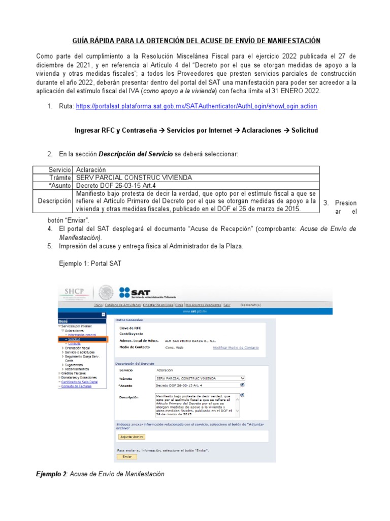 Guía Rápida para La Obtención Del Acuse de Envío de Manifestación | PDF