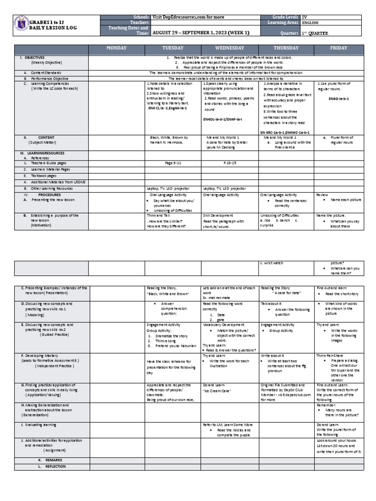 DLL - English 4 - Q1 - W1 | PDF | Behavior Modification | Cognition