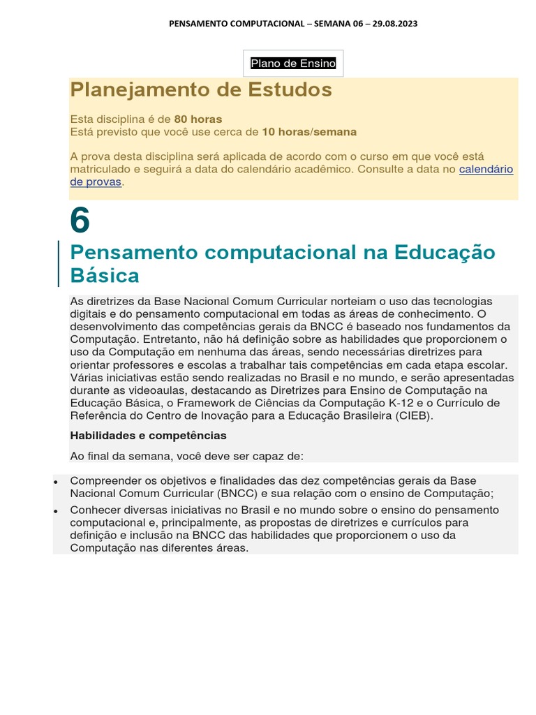 Pensamento Computacional Semana 06 - 29.08.2023 | PDF | Ciência da ...