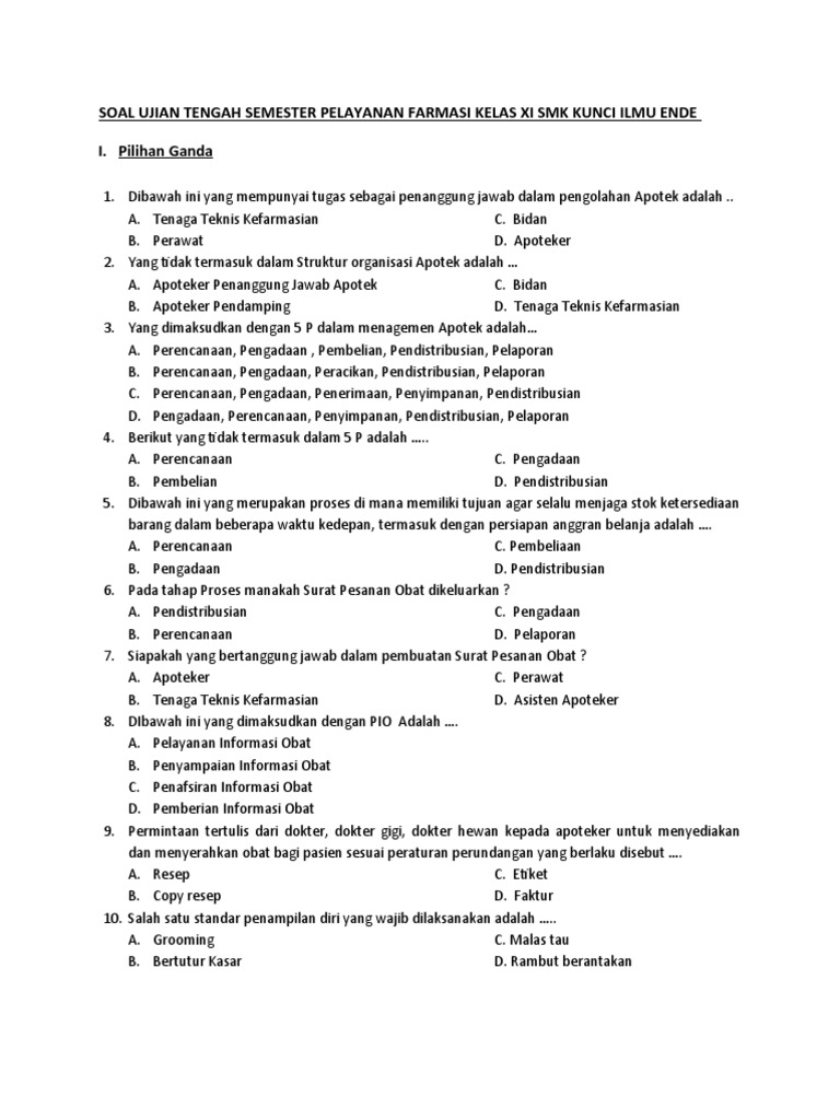 Soal Uts Pelayanan Farmasi Kelas Xi SMK Kunci Ilmu Ende | PDF