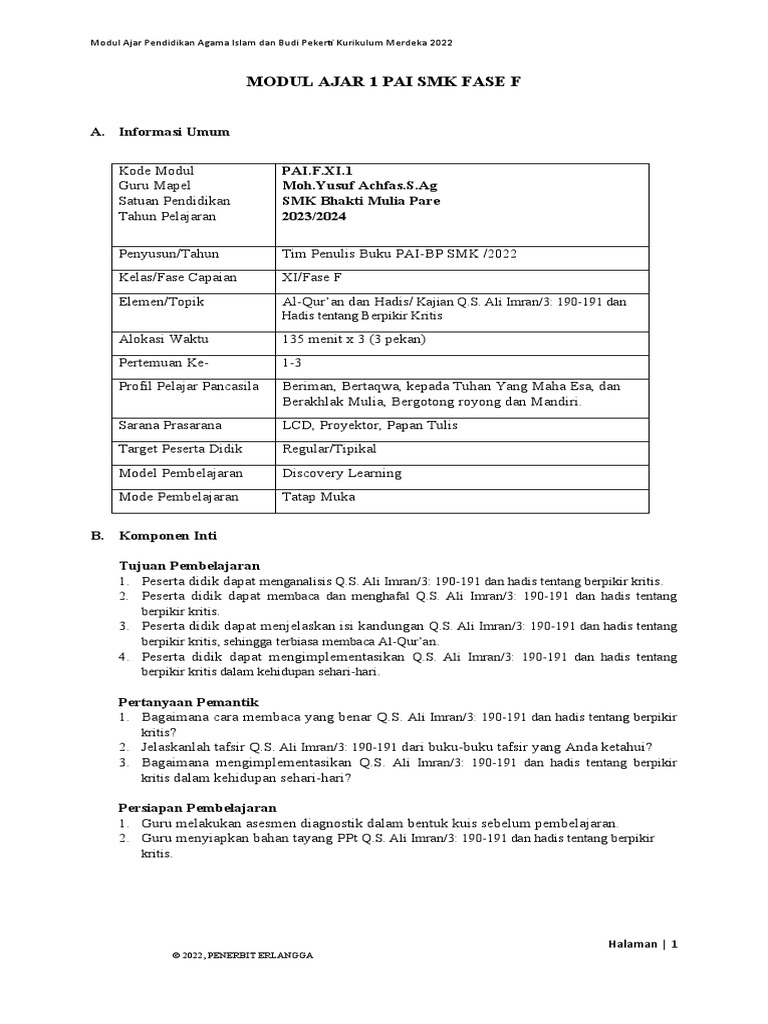 Modul Ajar 1 Pai SMK Kelas Xi Bab 1 - Oke | PDF | Karier & Perkembangan