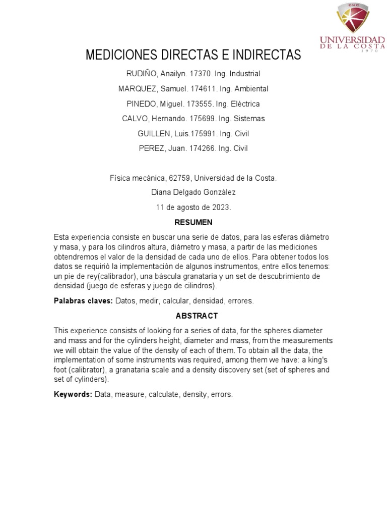 EXPERIENCIA No 1. Mediciones Directas e Indirectas | PDF | Medición | Masa