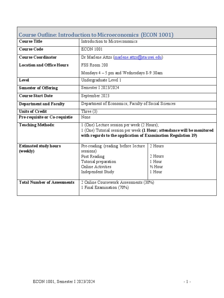 ECON 1001 Course Outline 2023/2024 | PDF | Theory | Microeconomics