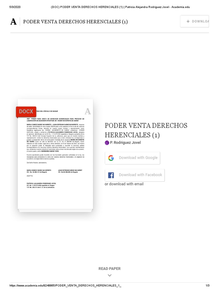 (DOC) PODER VENTA DERECHOS HERENCIALES (1) - Patricia Alejandra Rodriguez Jovel - Academia - Edu ...