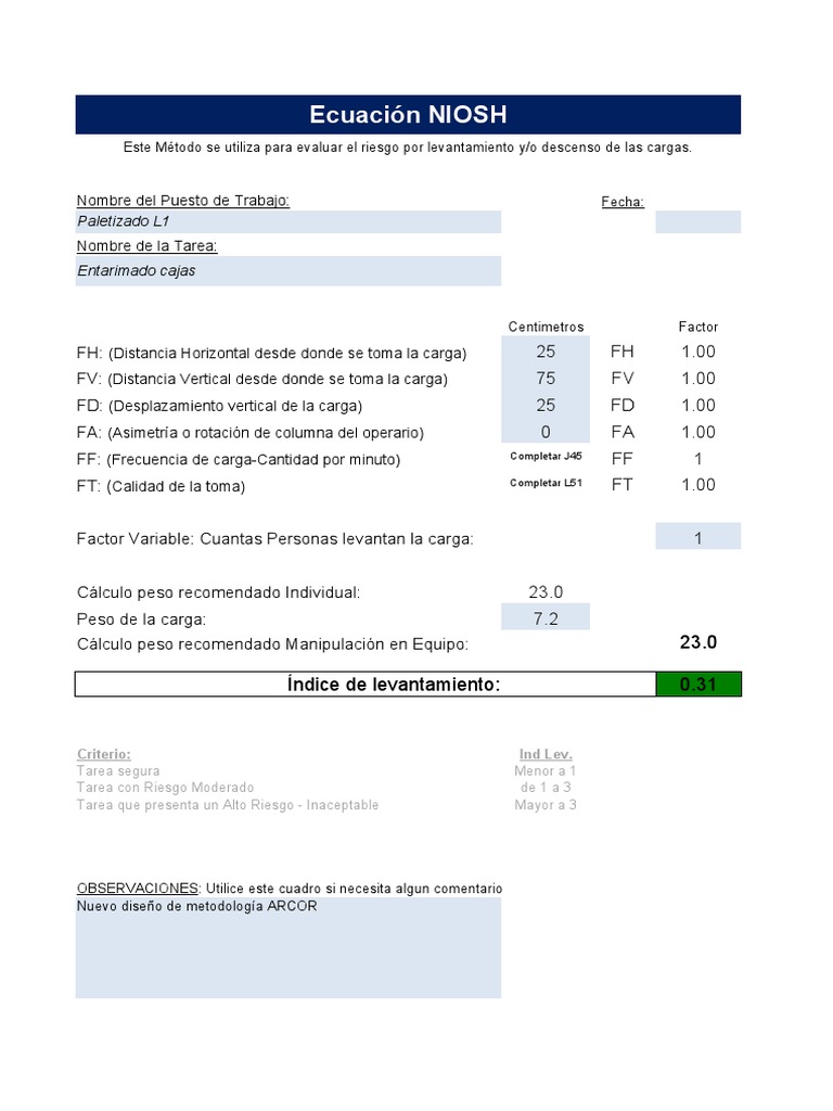 01 - Levantamiento y Descenso de Cargas - Ecuación NIOSH | Descargar gratis PDF | Factores ...