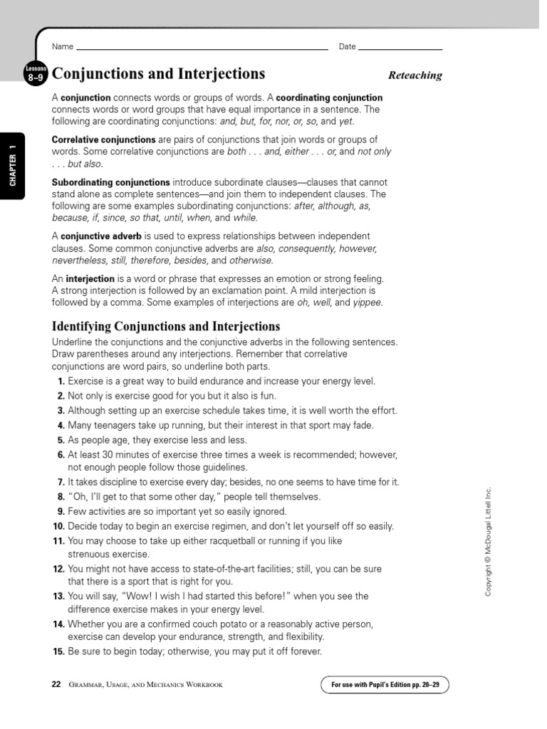 Conjunctions & Interjections Practice | PDF | Semantic Units | Linguistics